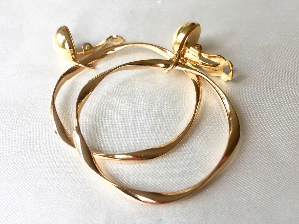 70s Large Gold Dainty Twisted Ribbon Hoops Clip on Earrings,sculptured ...