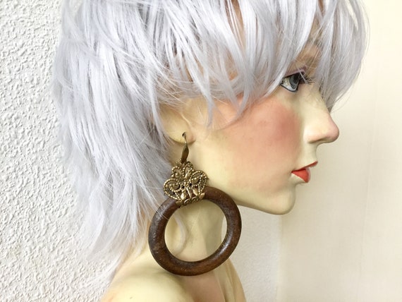 Vintage 70s Extra Large Brown Wood Tube Hoops with Or… - Gem