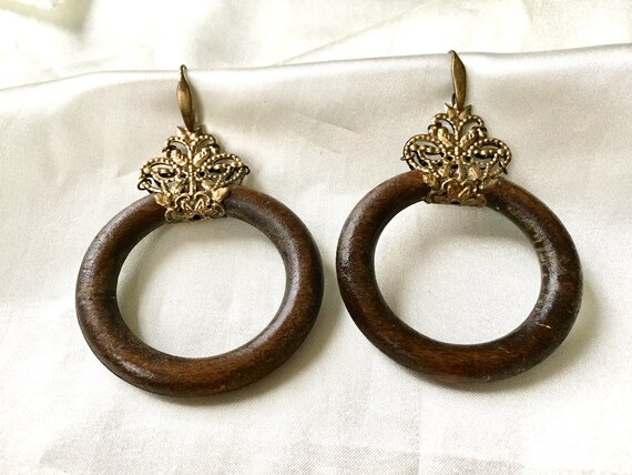 Vintage 70s Extra Large Brown Wood Tube Hoops with Or… - Gem