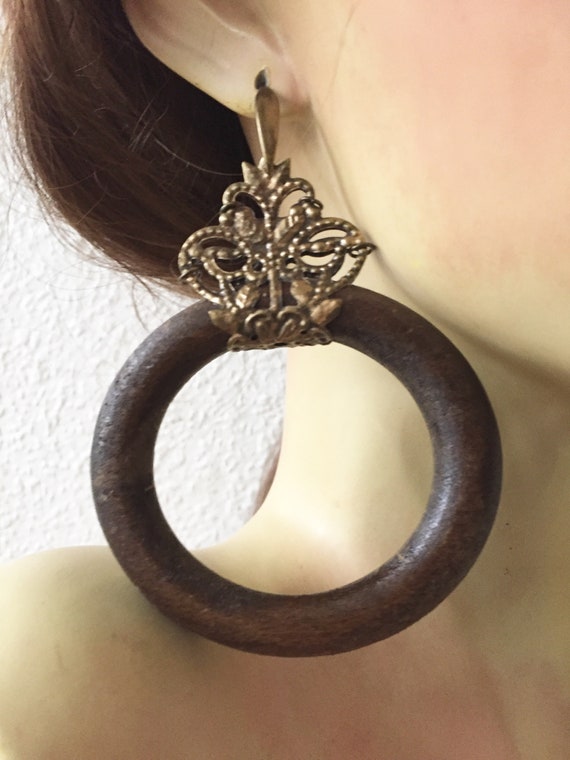 Vintage 70s Extra Large Brown Wood Tube Hoops with Or… - Gem
