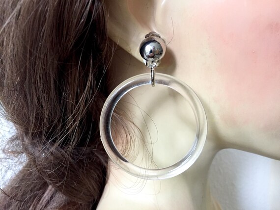 Vintage 80s Extra Large Clear Hoops and Platinum Silv… - Gem