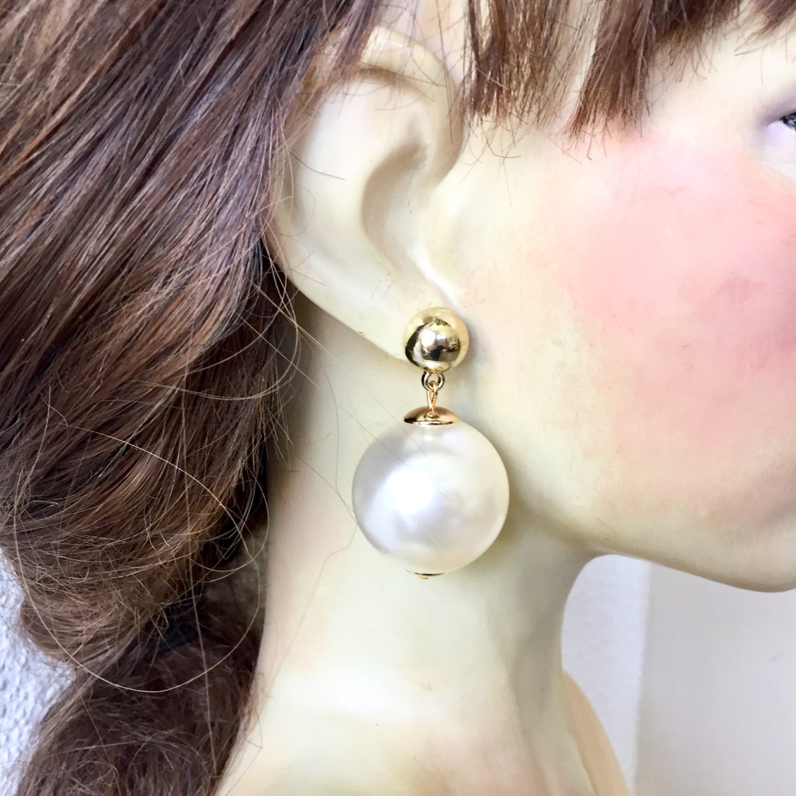 Vintage 80s Giant Cream Pearls and Gold Tone Half Ball Stud Earrings ...
