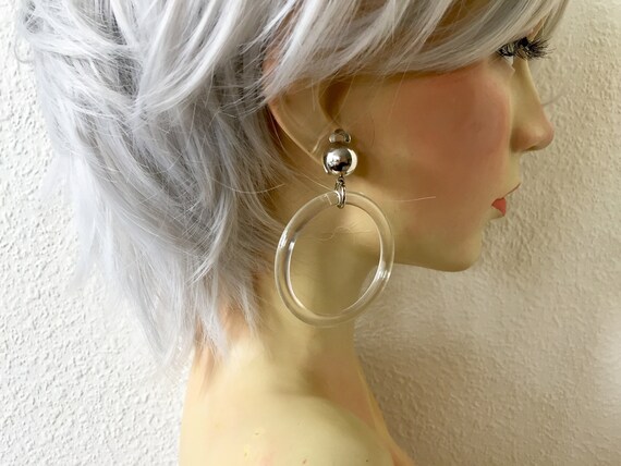 Vintage 80s Extra Large Clear Hoops and Platinum Silv… - Gem