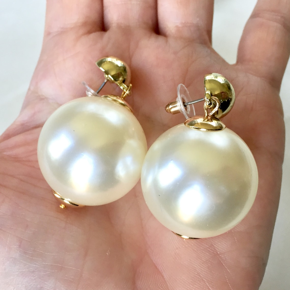 Vintage 80s Giant Cream Pearls and Gold Tone Half Ball Stud Earrings ...