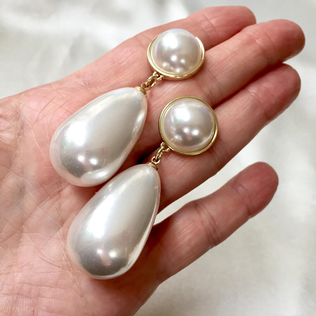 Vintage 80s Giant Pearl Drop Dangles With Gold Framed Half Ball Pearl ...