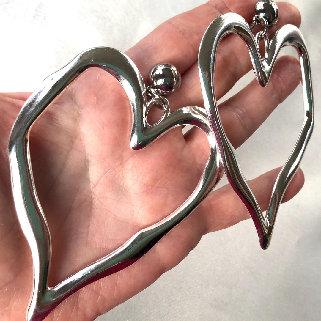 Vintage 80s Modernist Giant Silver Tone Sculptured Hearts Hoops and ...
