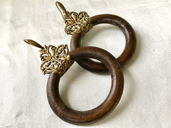Vintage 70s Extra Large Brown Wood Tube Hoops with Or… - Gem