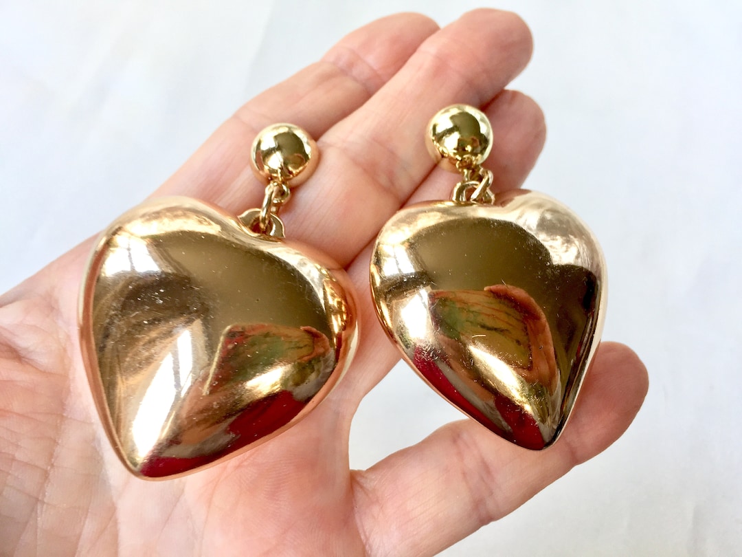 Vintage 80s Extra Large Puffed Gold Tone Hearts and Gold Button Studs ...