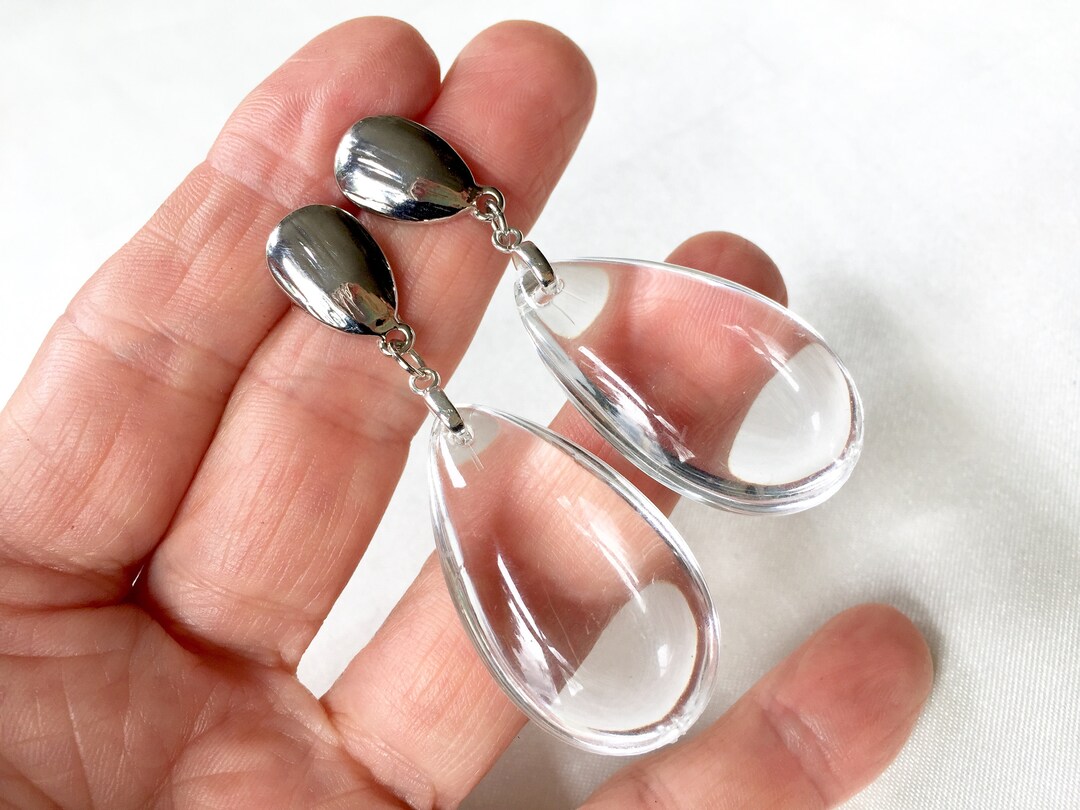 80s Modernist Silver Teardrop Studs and Giant Clear Lucite Teardrop ...