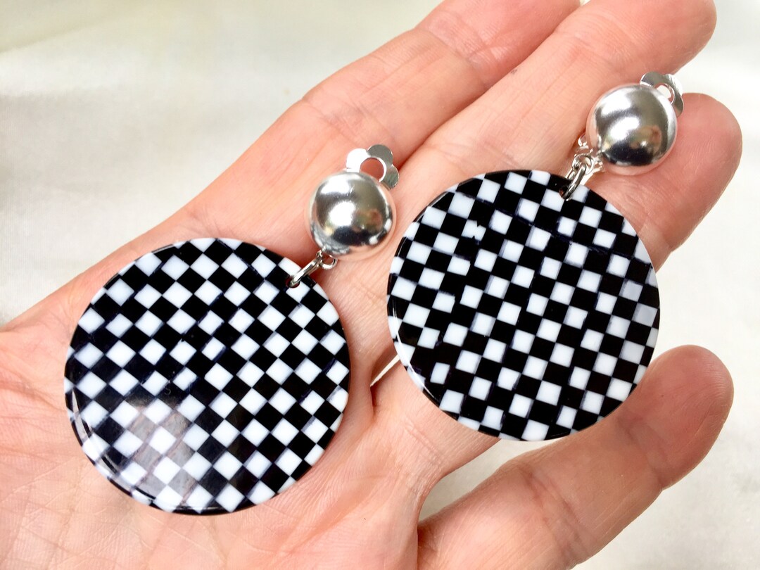 Vintage 80s Large MOD Checkerboard Black and White Discs and Silver ...