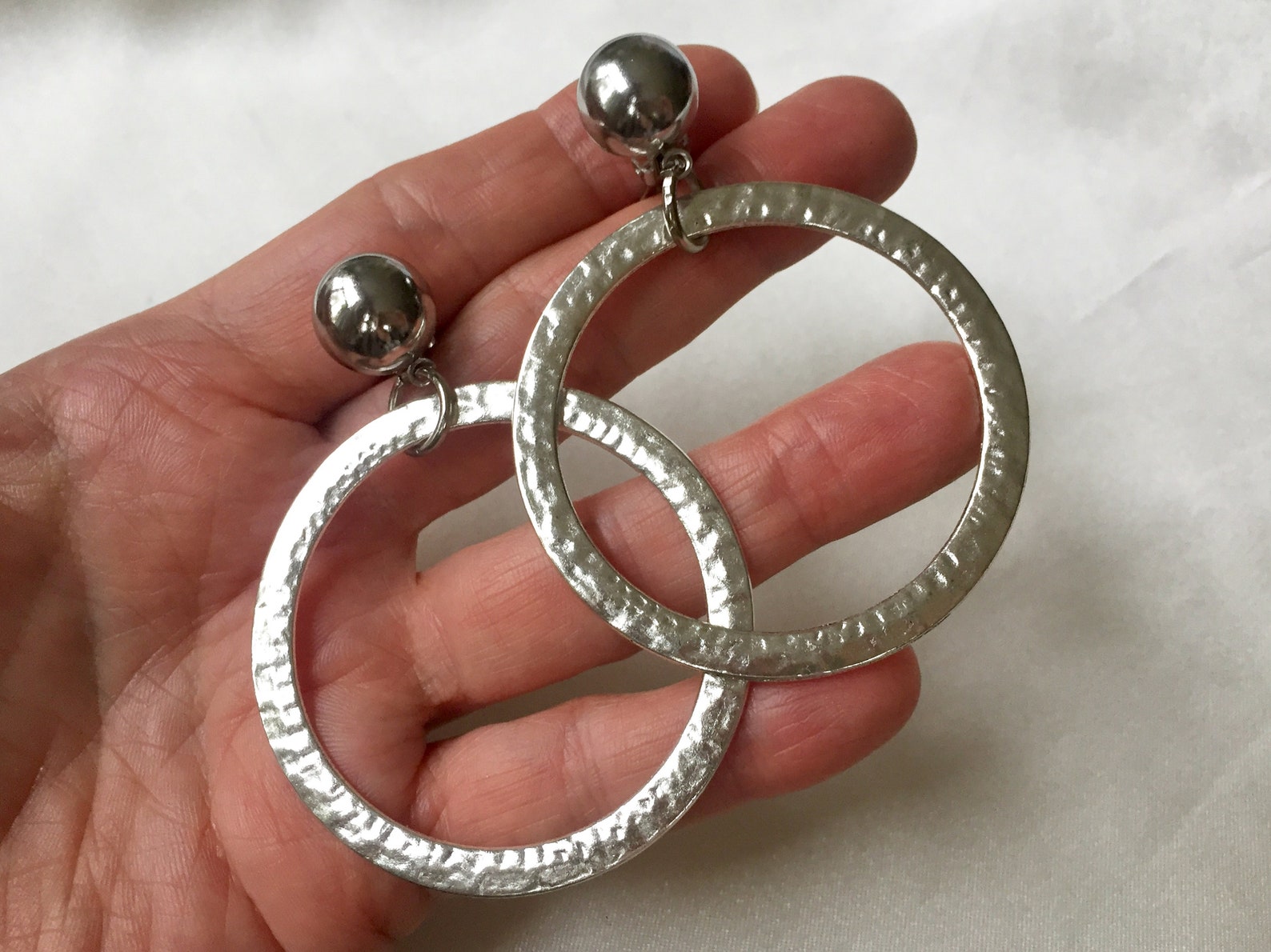 70s MOD Extra Large Hammered Silver Hoops Clip on - Etsy UK