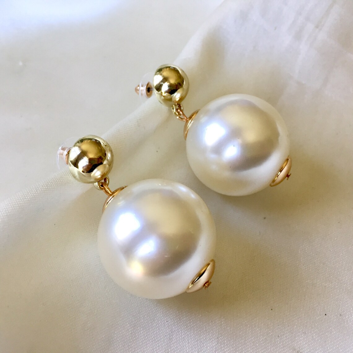 Vintage 80s Giant Cream Pearls and Gold Tone Half Ball Stud Earrings ...