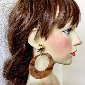 Vintage 70s Giant 7 Cm Brown Faux Bone Lucite Hoops and Gold Button ...
