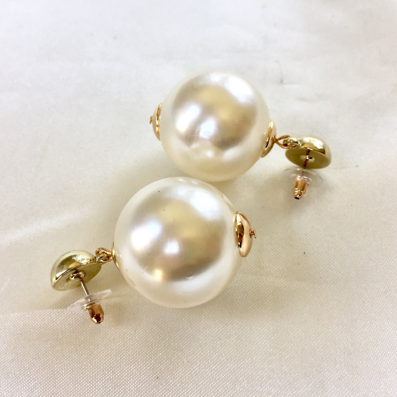 Vintage 80s Giant Cream Pearls and Gold Tone Half Ball Stud Earrings ...
