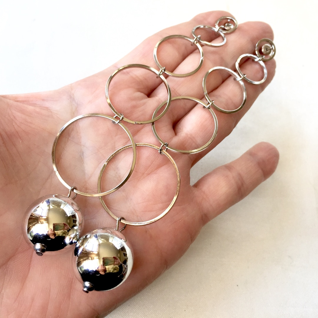 Vintage 70s Extra Long Silver Tone Balls and Hoops Stud Earrings,silver Tone Ring Post With ...