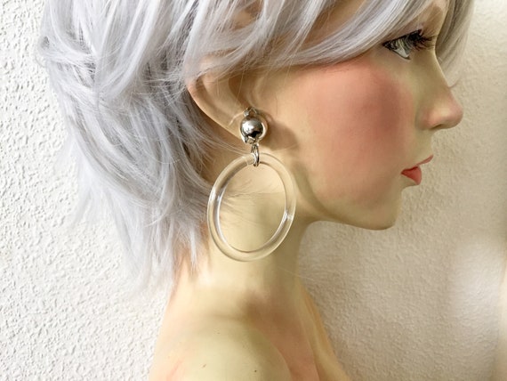 Vintage 80s Extra Large Clear Hoops and Platinum Silv… - Gem