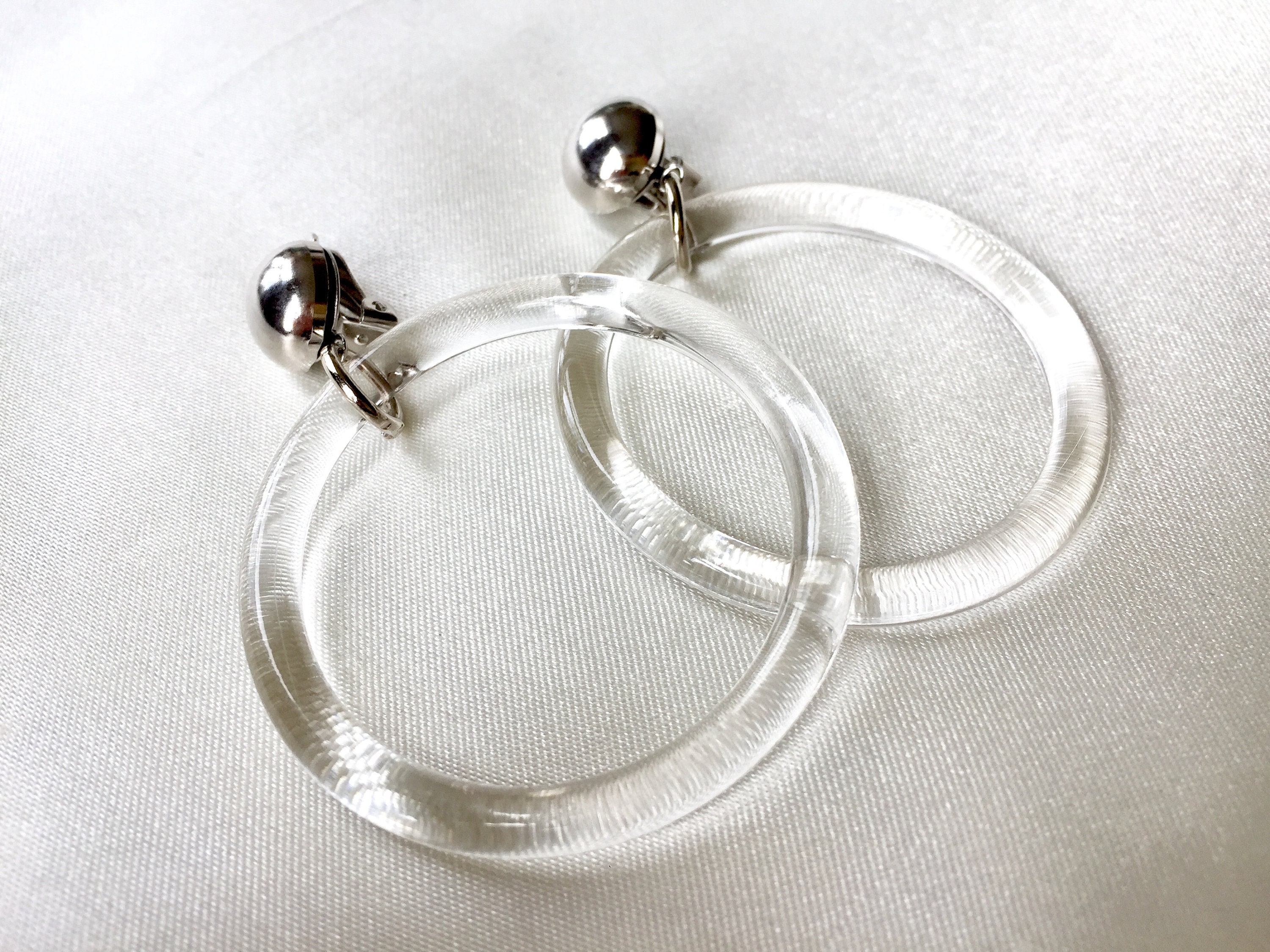 Vintage 80s Extra Large Clear Hoops and Platinum Silver Tone Button ...