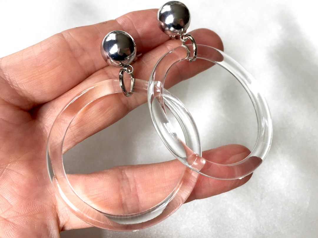 Vintage 80s Extra Large Clear Hoops and Platinum Silver Tone Button ...