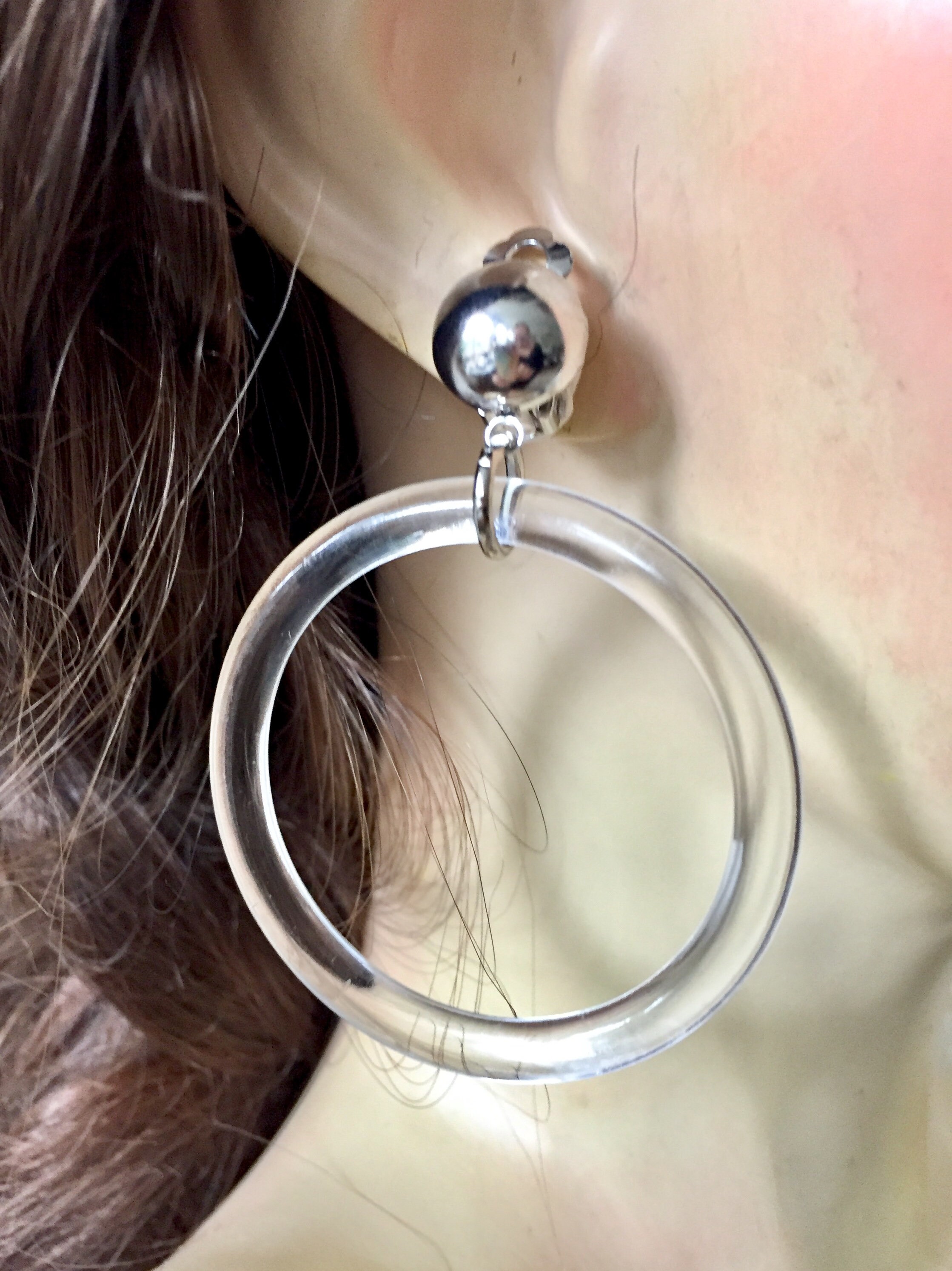 Vintage 80s Extra Large Clear Hoops and Platinum Silver Tone Button ...