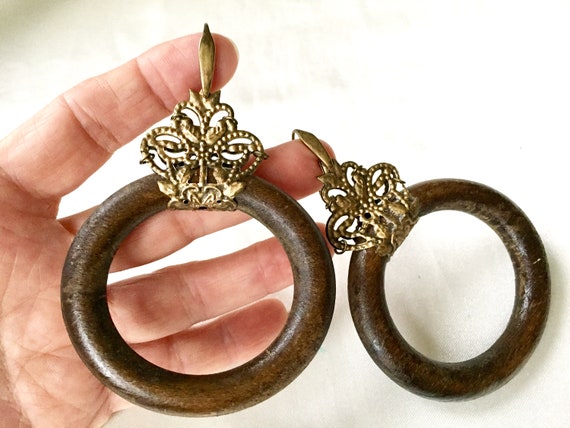 Vintage 70s Extra Large Brown Wood Tube Hoops with Or… - Gem
