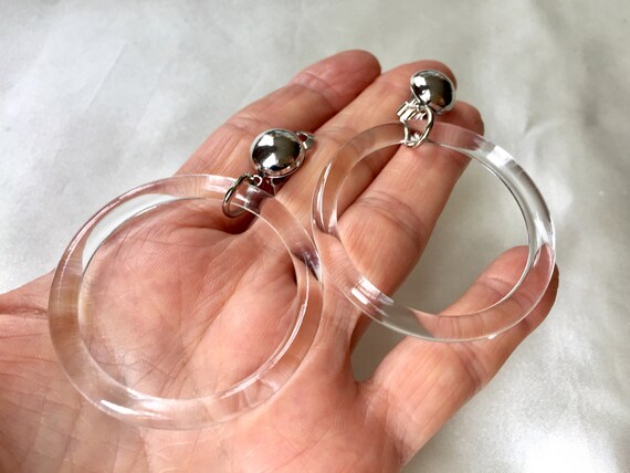 Vintage 80s Extra Large Clear Hoops and Platinum Silv… - Gem