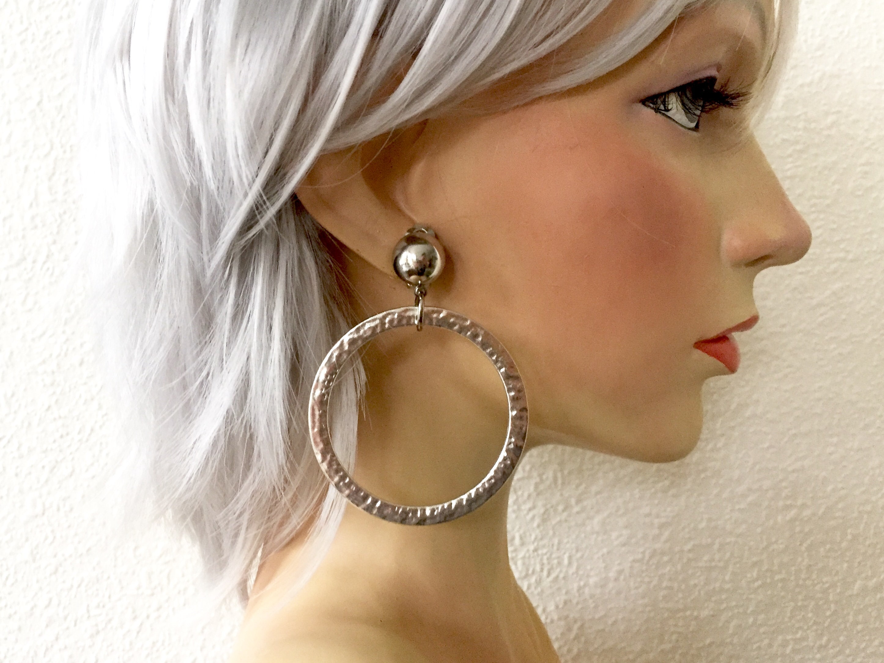 70s MOD Extra Large Hammered Silver Hoops Clip on Earrings,brutalist ...