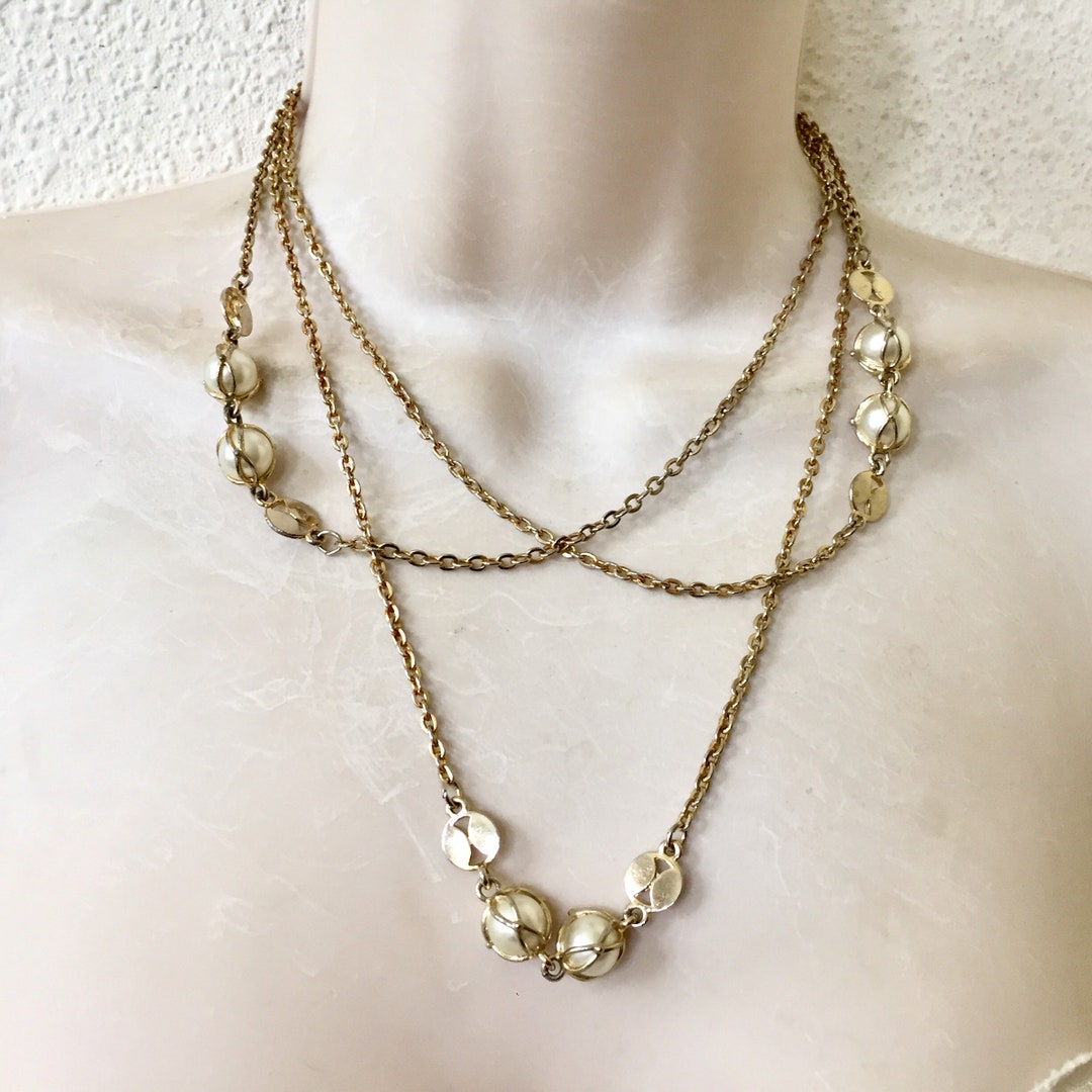 Vintage 70s Extra Long Gold Links and Caged Faux Pearls Chain Necklace ...