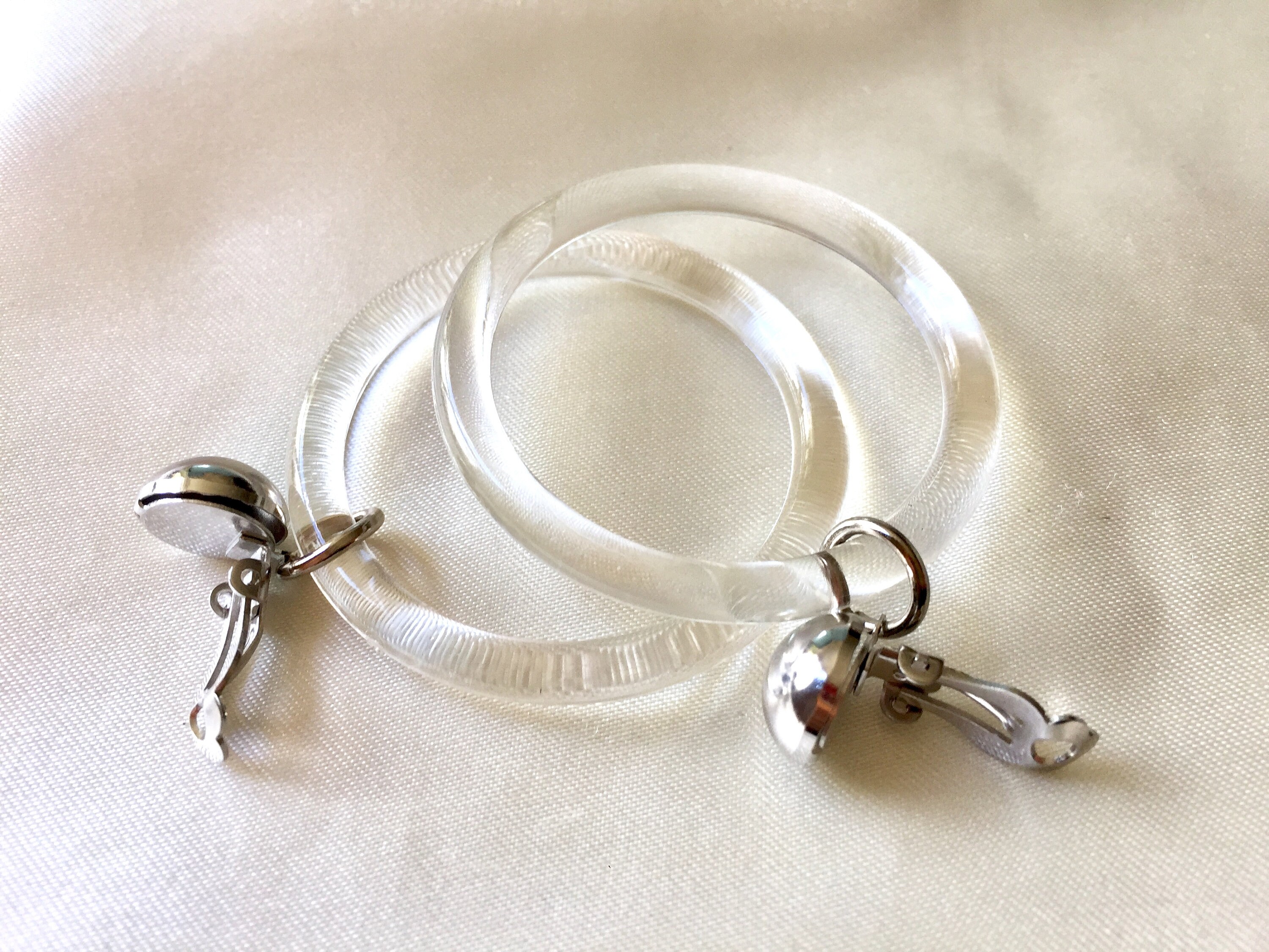 Vintage 80s Extra Large Clear Hoops and Platinum Silver Tone Button ...