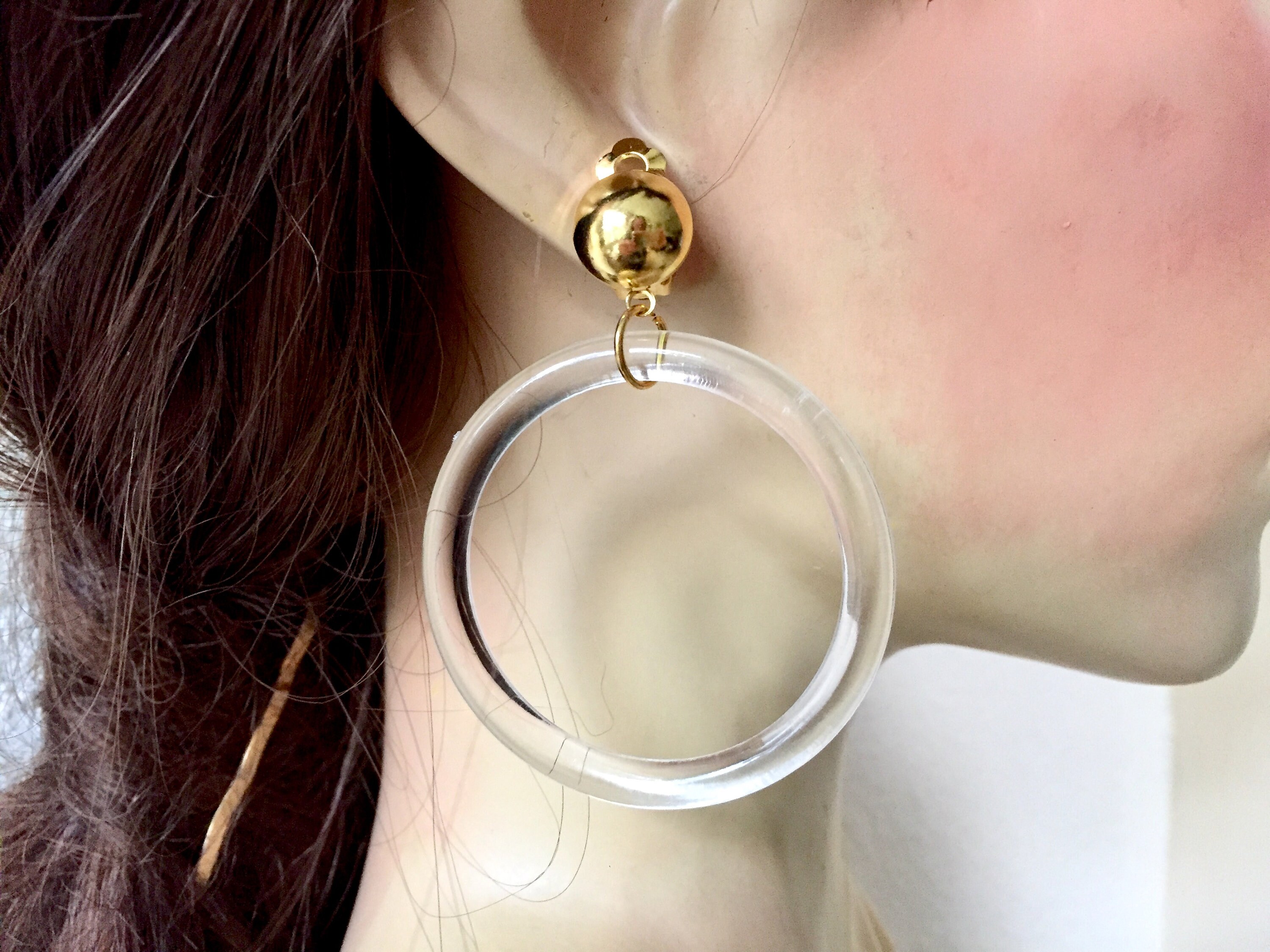 80s Extra Large Clear Lucite Hoops and Gold Clip on - Etsy