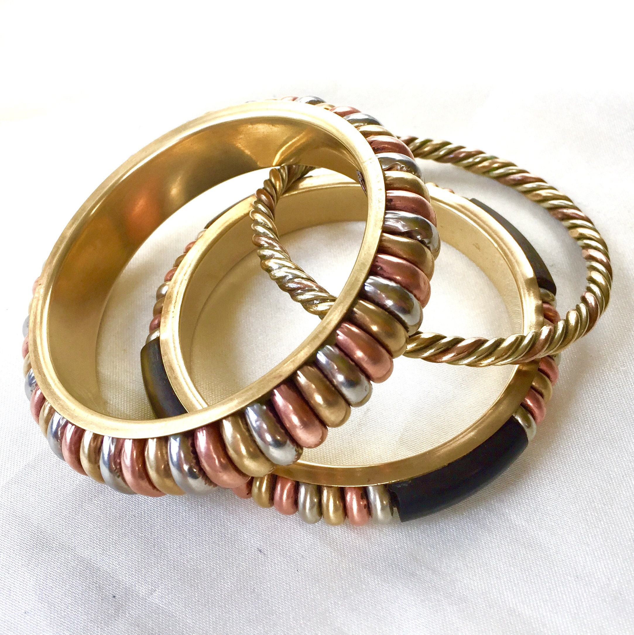 Vintage 70s Three Tricolore Silver Copper Brass Bangles Set,statement ...