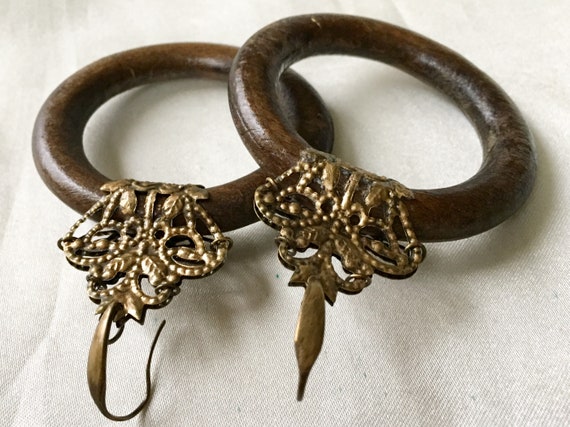 Vintage 70s Extra Large Brown Wood Tube Hoops with Or… - Gem