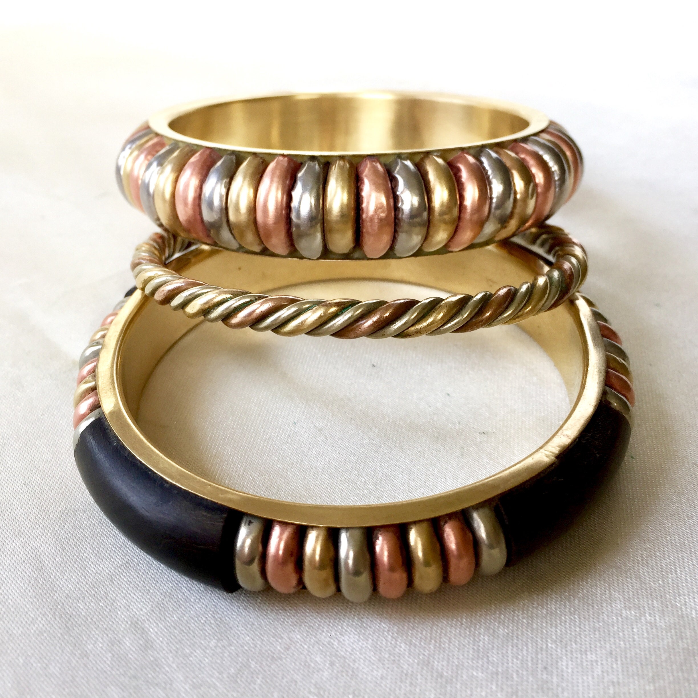 Vintage 70s Three Tricolore Silver Copper Brass Bangles Set,statement ...