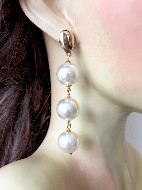 Vintage 80s Long Triple Pearls and Gold Plated Tear D… - Gem