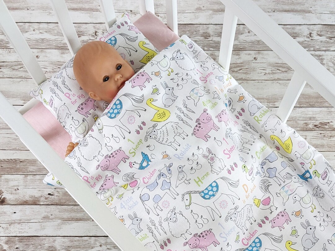 CLEARANCE / Doll Bedding Set - Farm Animals / Doll Crib Comforter and ...