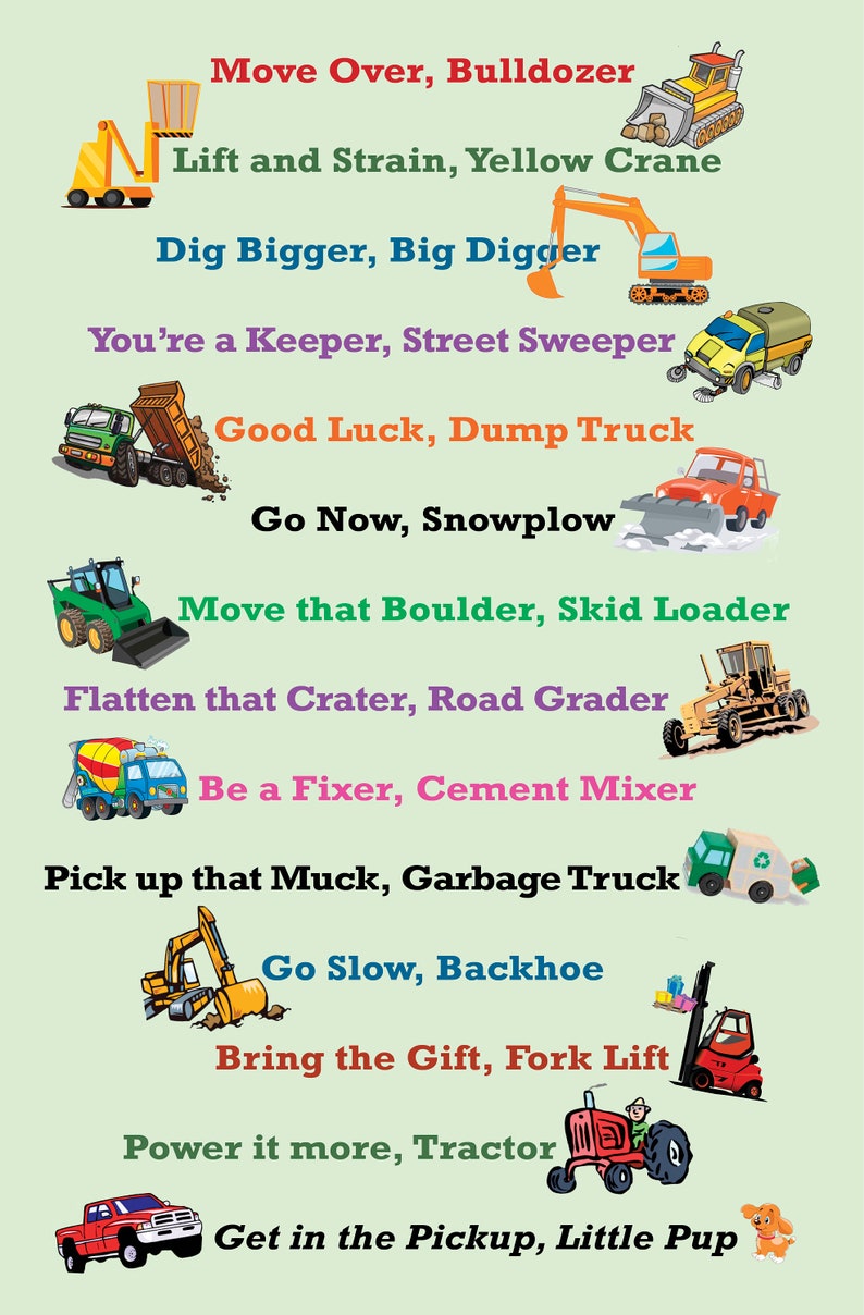 Construction Truck Poster for Children 11x17 - Colorful Depiction of ...
