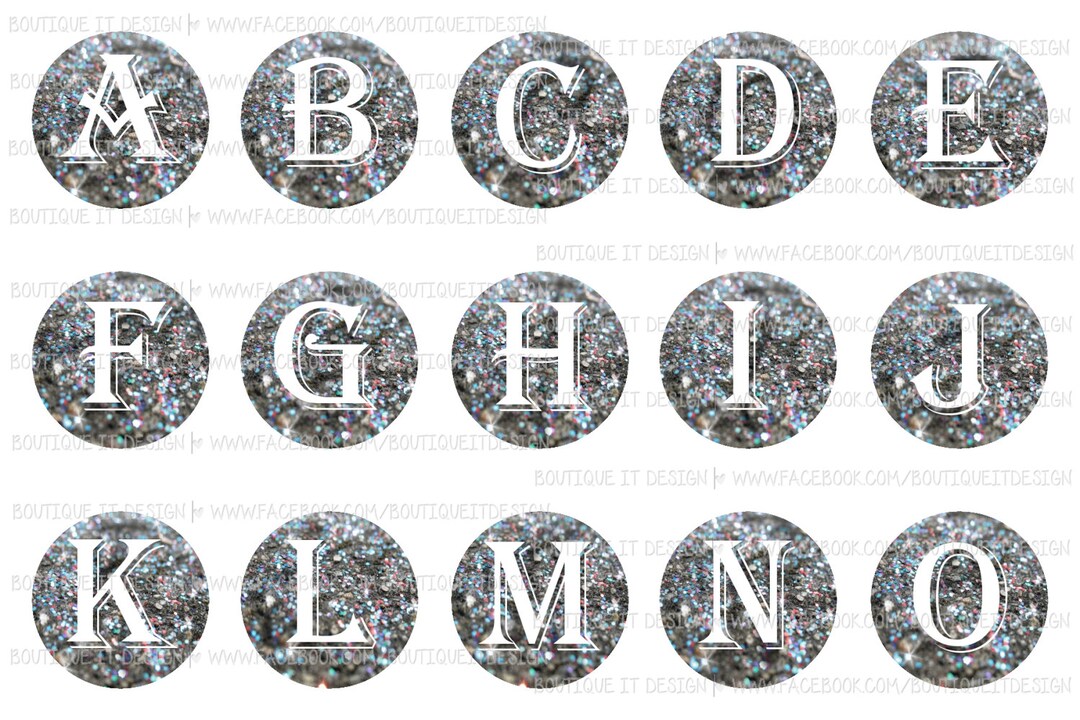 Alphabet ~ Silver Glitter Set With White Letters ~ 25mm/1in Bottle Cap ...