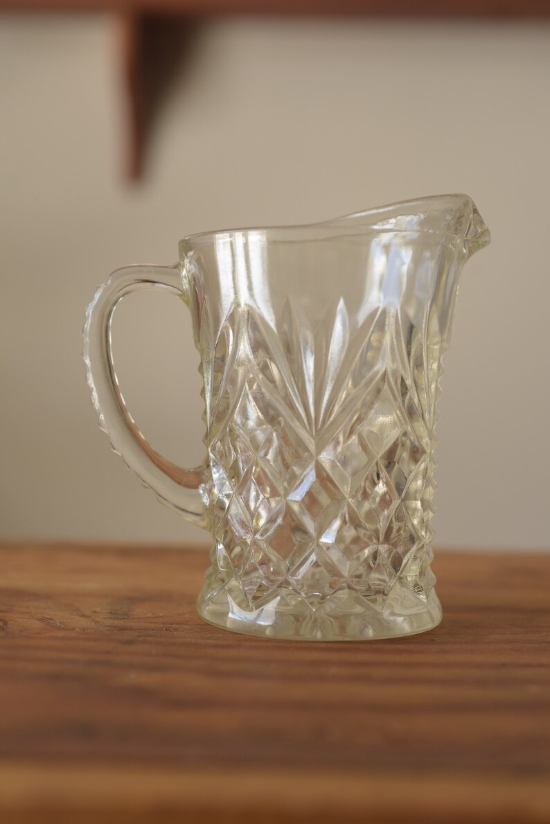 Vintage Diamond Pattern Small Cut Glass Pitcher W Ribbed Handle 1930's ...