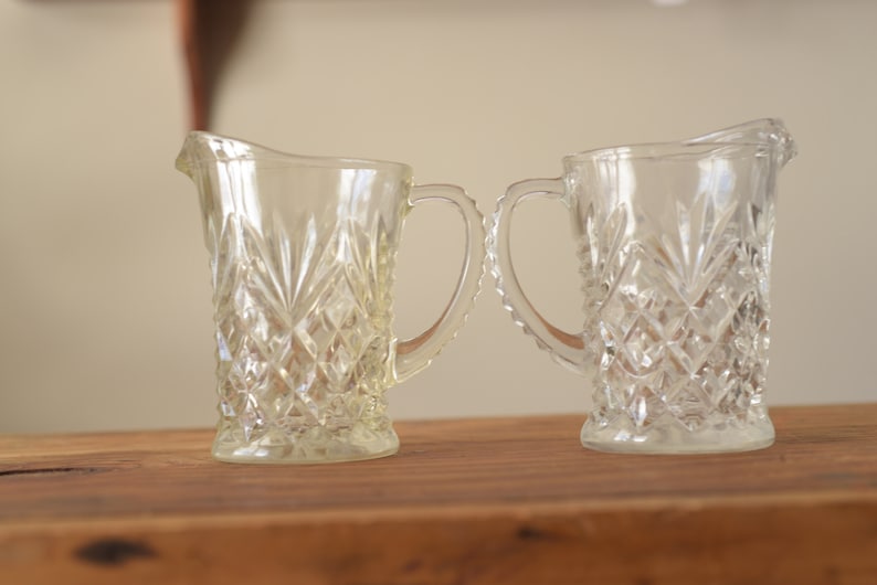 Vintage Diamond Pattern Small Cut Glass Pitcher W Ribbed Handle 1930's ...