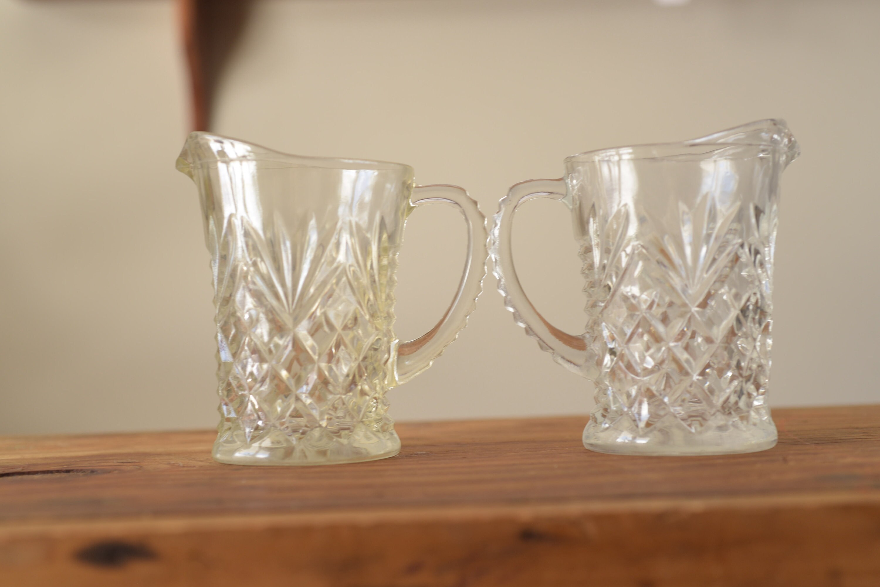 Vintage Diamond Pattern Small Cut Glass Pitcher W Ribbed Handle 1930's ...