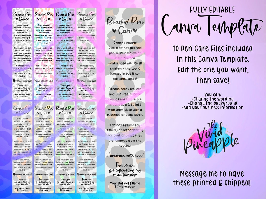 Editable Canva Template & PNG - Beaded Pen Care Cards - Silicone Beaded ...