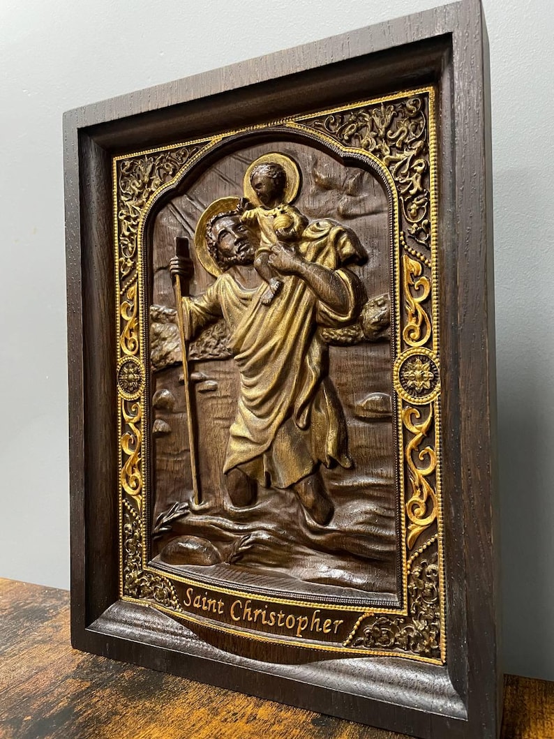 Saint Christopher Wood Carved Icon: Christian Gift for Travelers ...