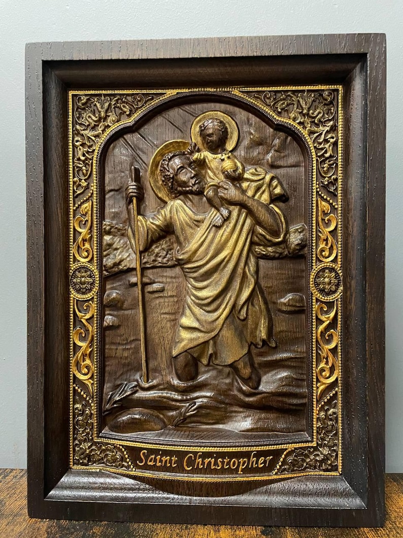 Saint Christopher Wood Carved Icon: Christian Gift for Travelers ...