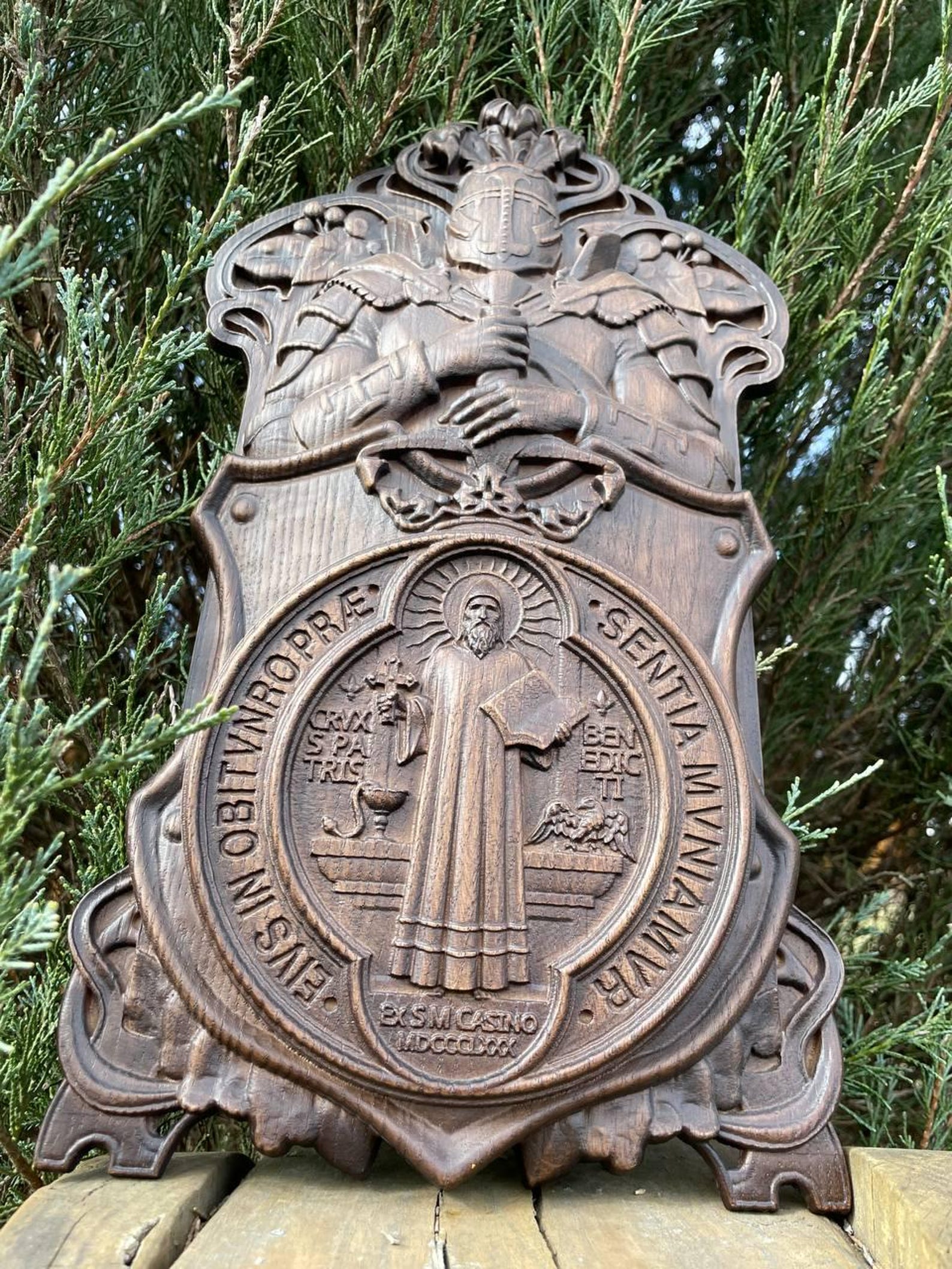 Hand-carved Wooden Knight Shield: Saint Benedict Medallion, Medieval ...
