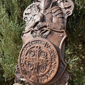 Hand-carved Wooden Knight Shield: Saint Benedict Medallion, Medieval ...
