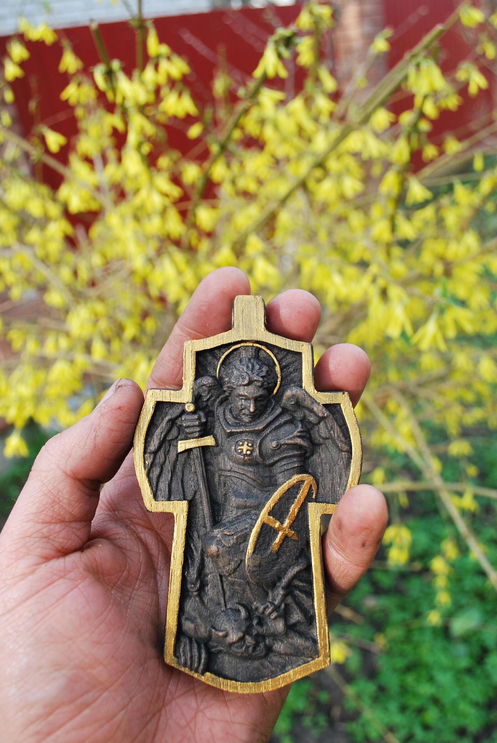 Archangel Michael Pectoral Cross: 4" Wood Carving, Christian Gift, 4x3 ...