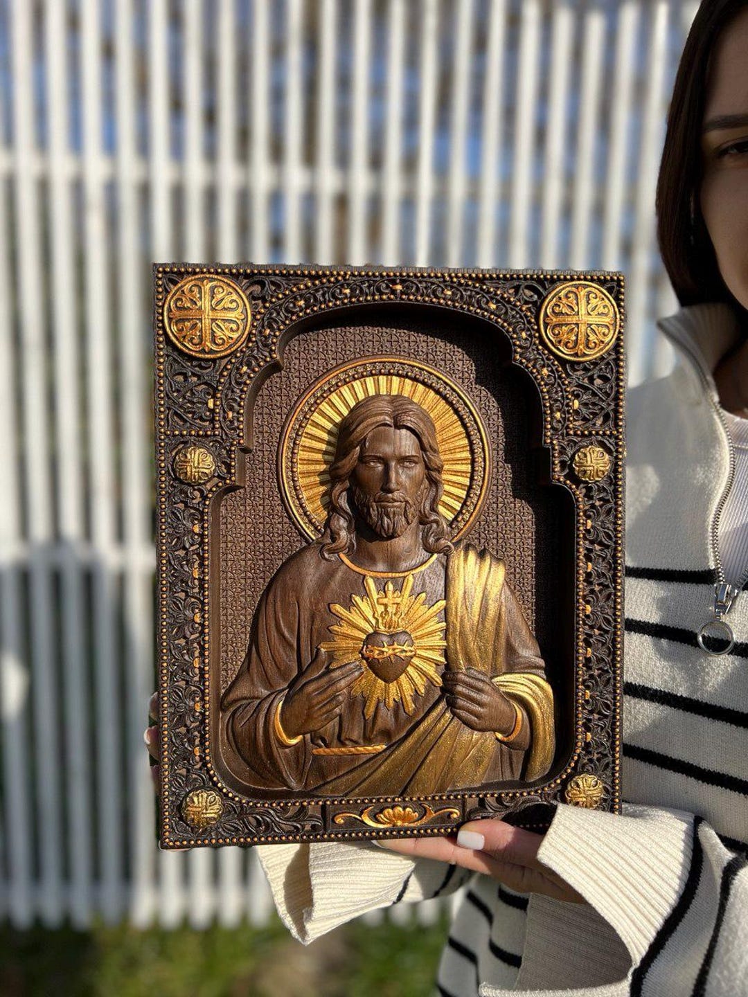 Sacred Heart of Jesus Wood Carving: Christian Wall Art, Catholic ...