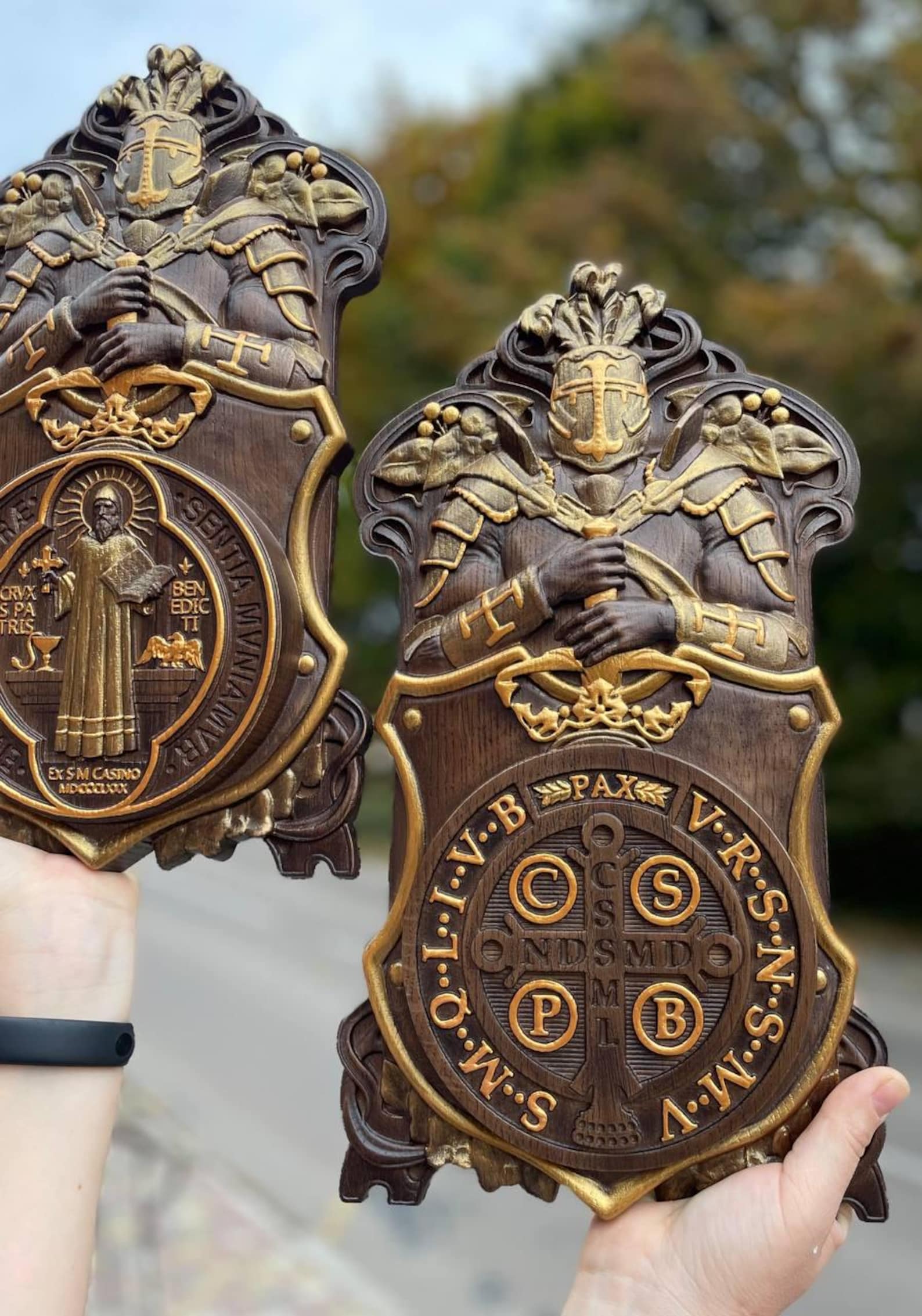 Hand-carved Wooden Knight Shield: Saint Benedict Medallion, Medieval ...