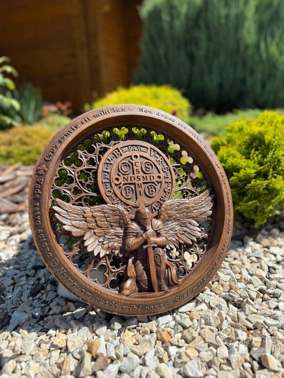 St. Benedict Medal Wood Wall Art: Angel Warrior, Home Protection Amulet ...