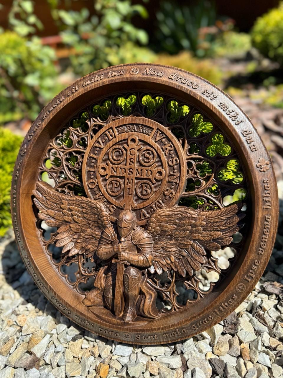 St. Benedict Medal Wood Wall Art: Angel Warrior, Home Protection Amulet ...