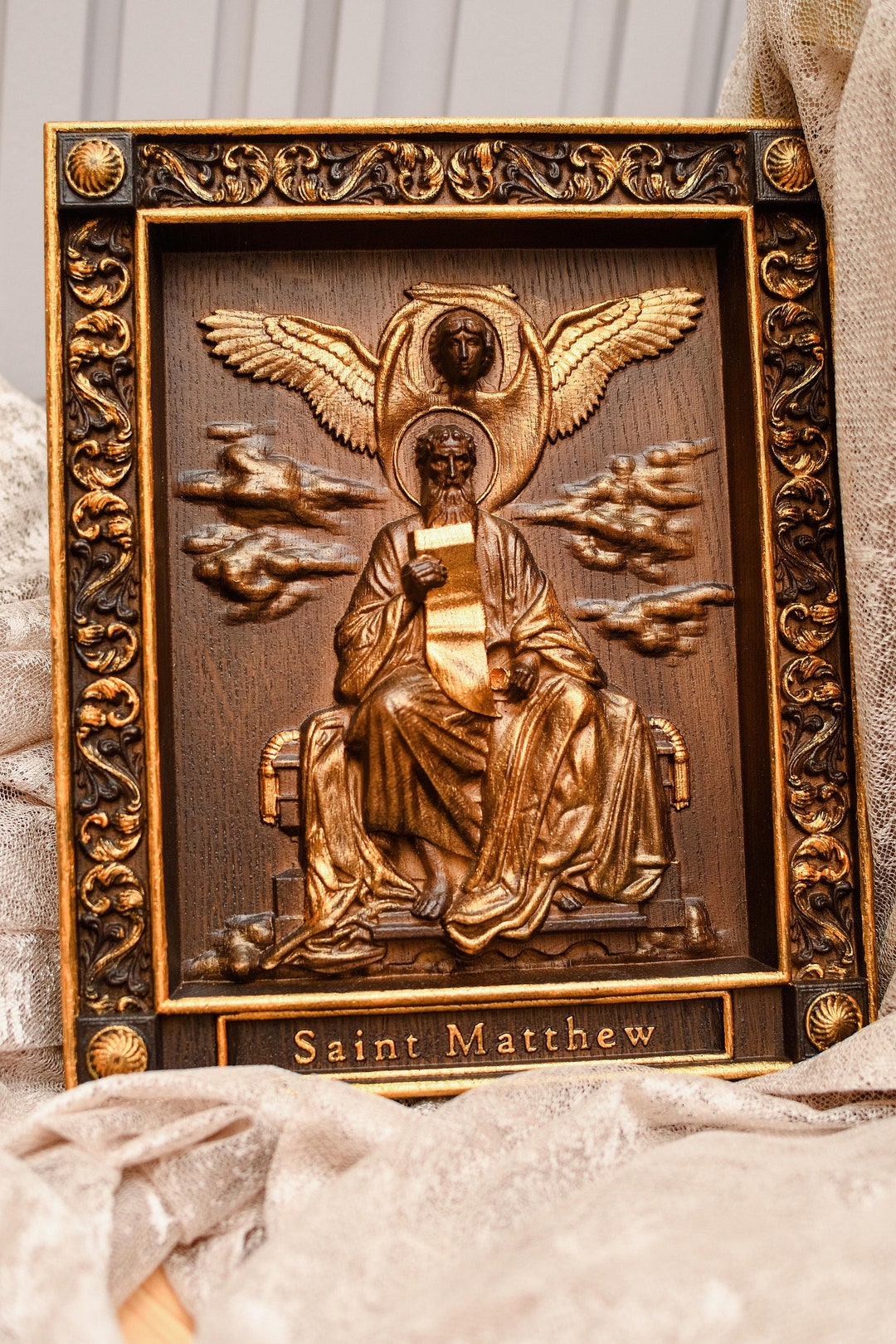 Matthew the Evangelist Wooden Icon: Carved Wall Art Personalized, XS ...
